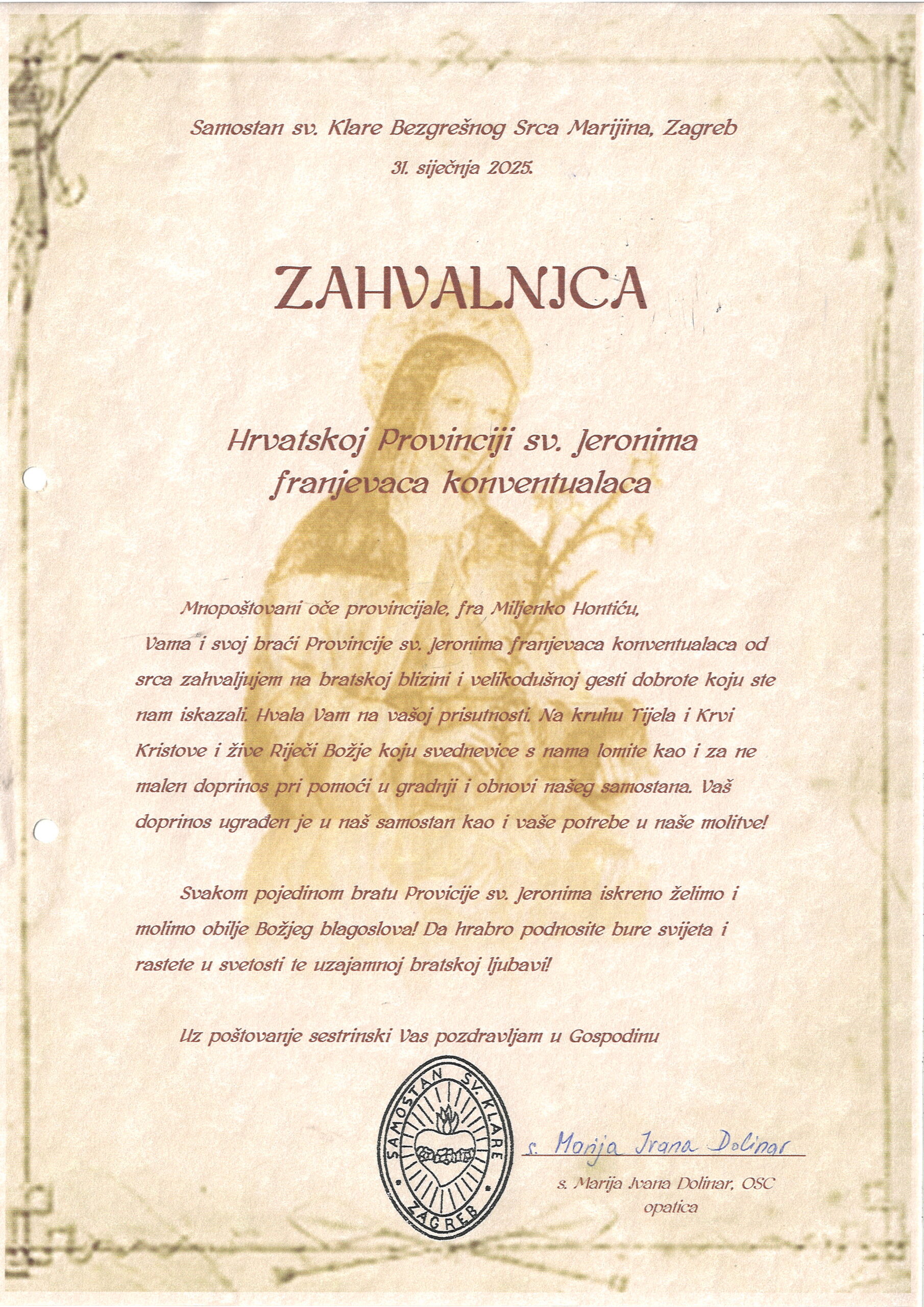 Zahvalnica Sestara Klarisa iz Mikulića u Zagrebu braći Provincije ...